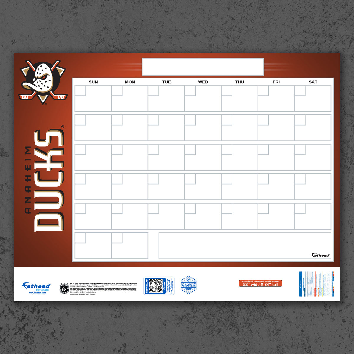 Anaheim Ducks - Dry Erase Calendar - Official NHL - Reusable Vinyl Wal ...
